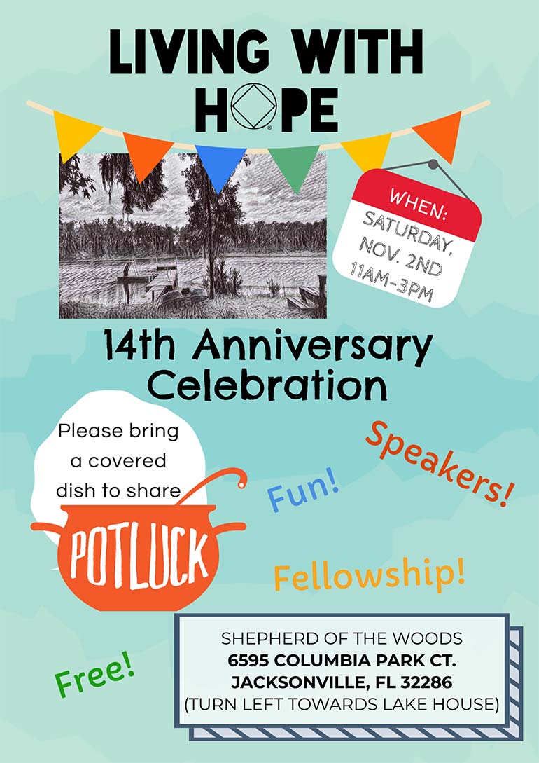 Living With Hope 14th Anniversary Potluck Flyer – First Coast Area of NA